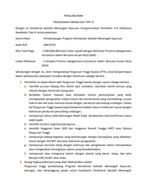 Pengumuman Pengadaan Swakelola Tipe III | Direktorat SMK